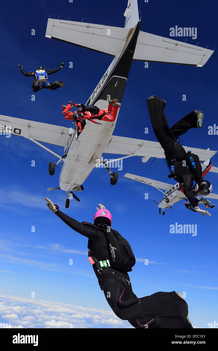 Large formation skydiving exit from multiple aircraft Stock Photo - Alamy