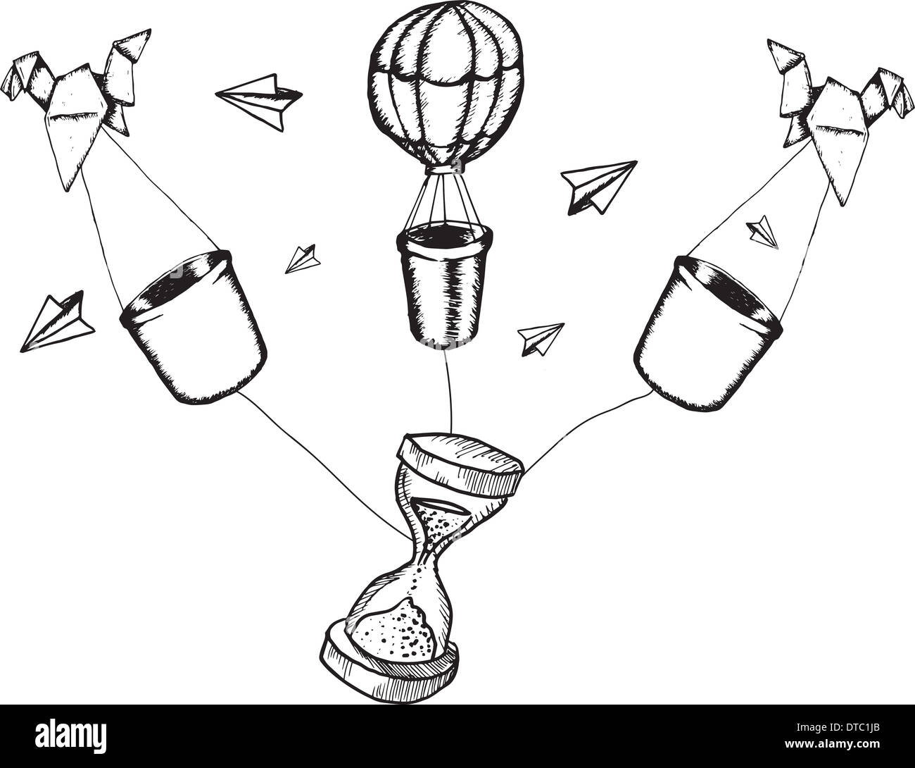 Hot air balloons and hourglass doodles on white background Stock Photo ...
