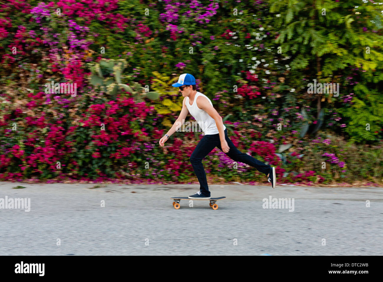 Young man skateboarding along suburban sidewalk Stock Photo - Alamy