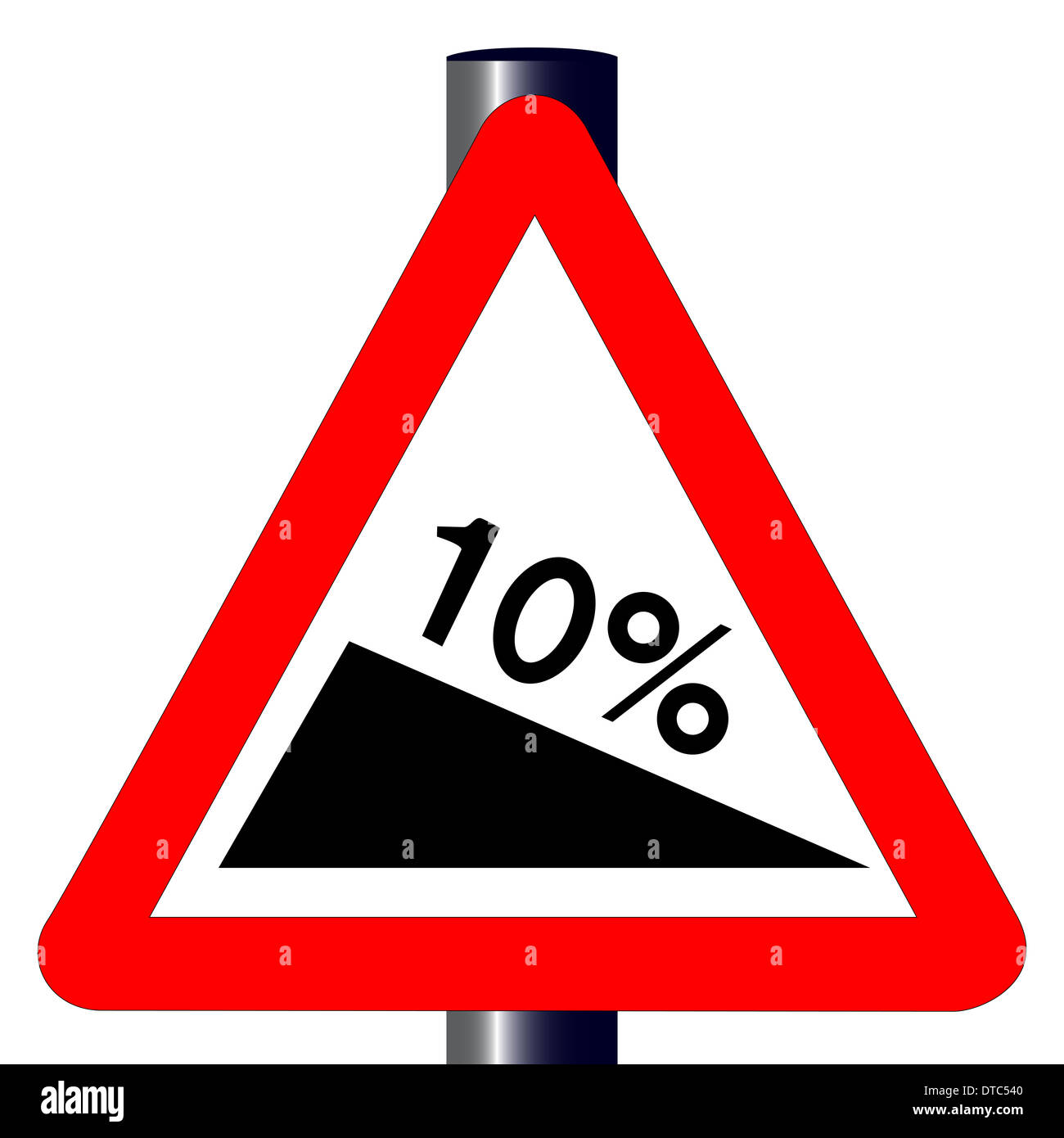 The traditional '10% INCLINE' triangle, traffic sign isolated on a ...