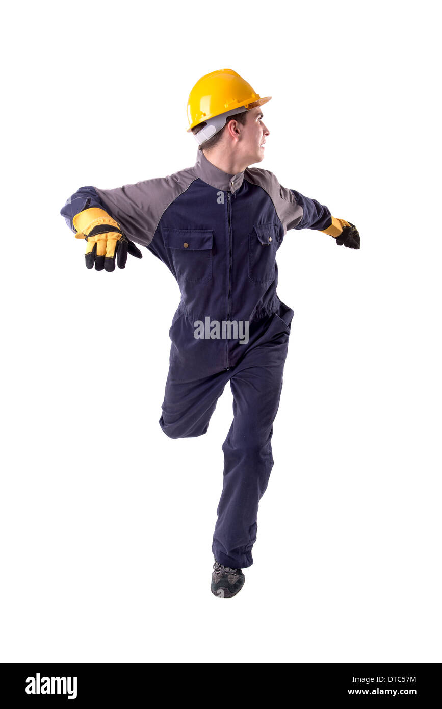 Construction worker running from danger isolated in white Stock Photo ...