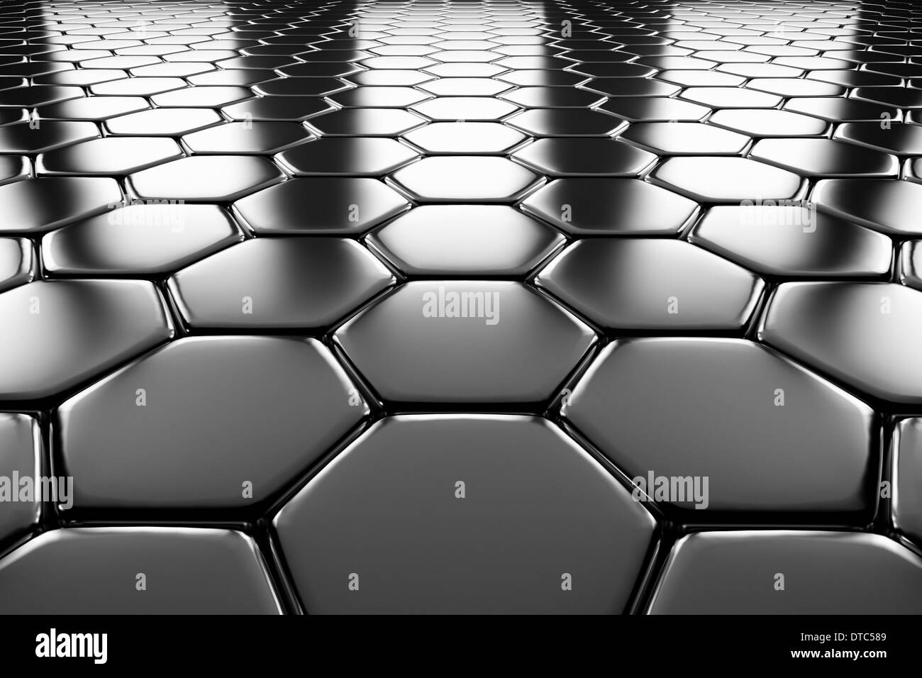 Steel hexagons flooring metal surface perspective view shiny abstract ...