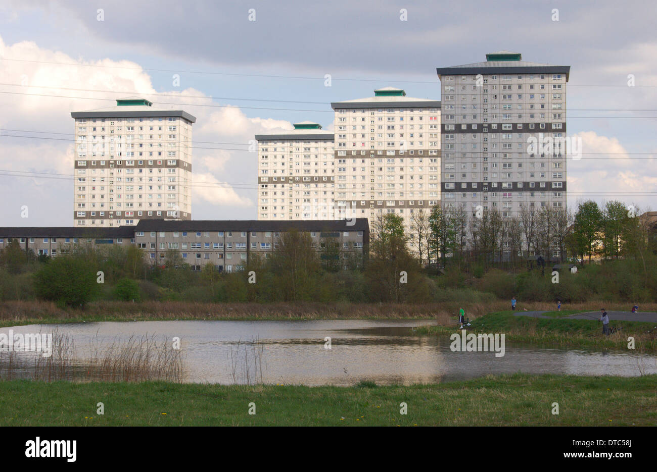 High rise flats behind the Forth and Clyde Canal at Firhill Basin in ...