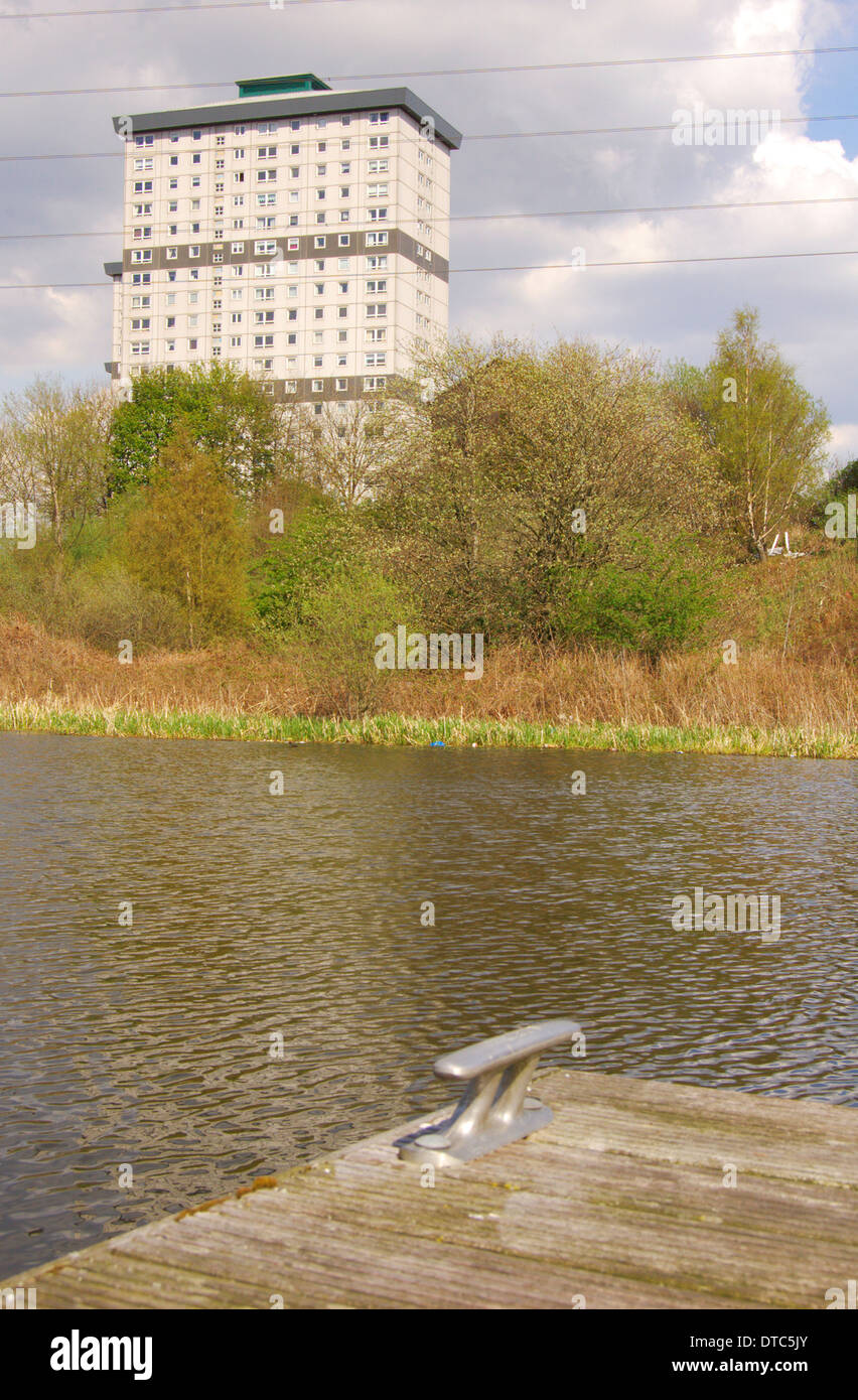 High rise flats behind the Forth and Clyde Canal at Firhill Basin in ...