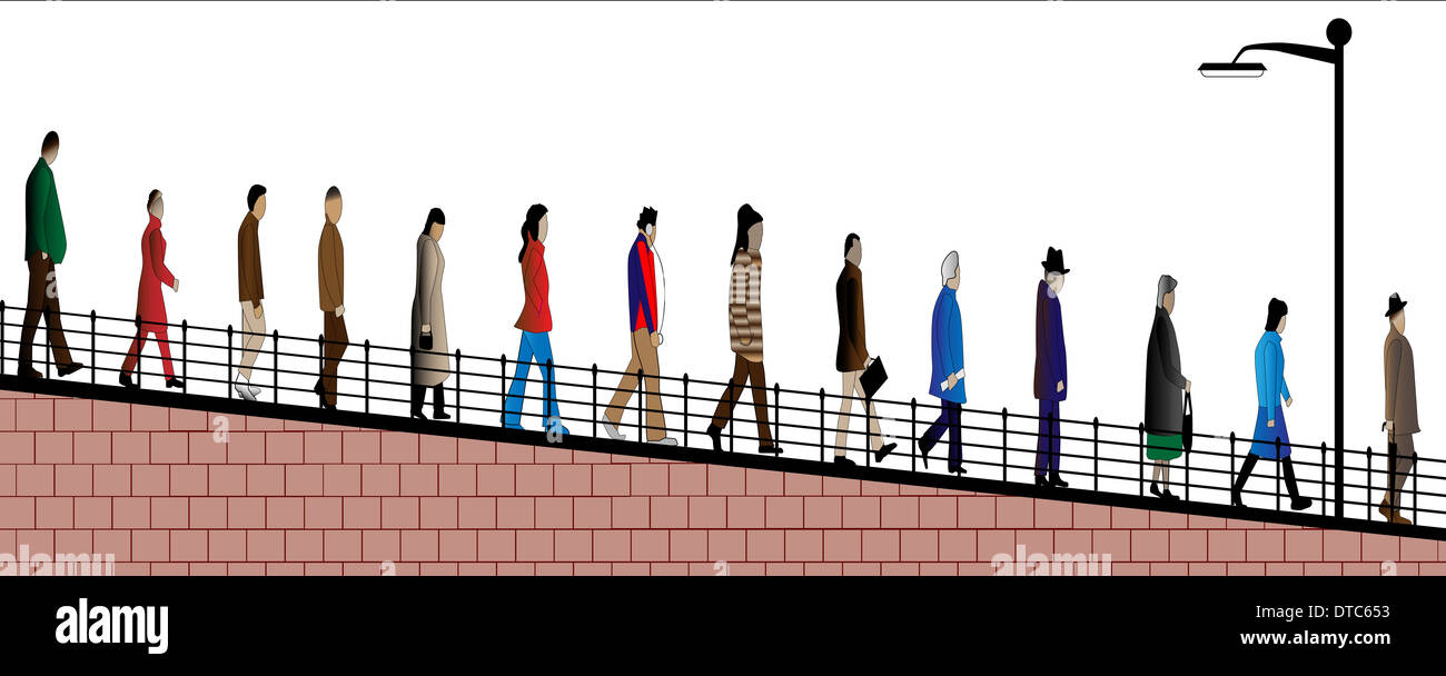 A group of people walking home from work or shopping down a slope Stock ...