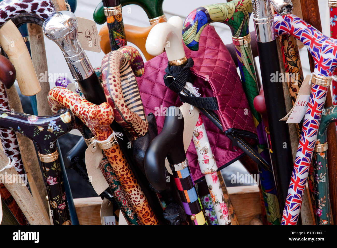 A selection of colourful walking sticks with price labels Stock Photo ...
