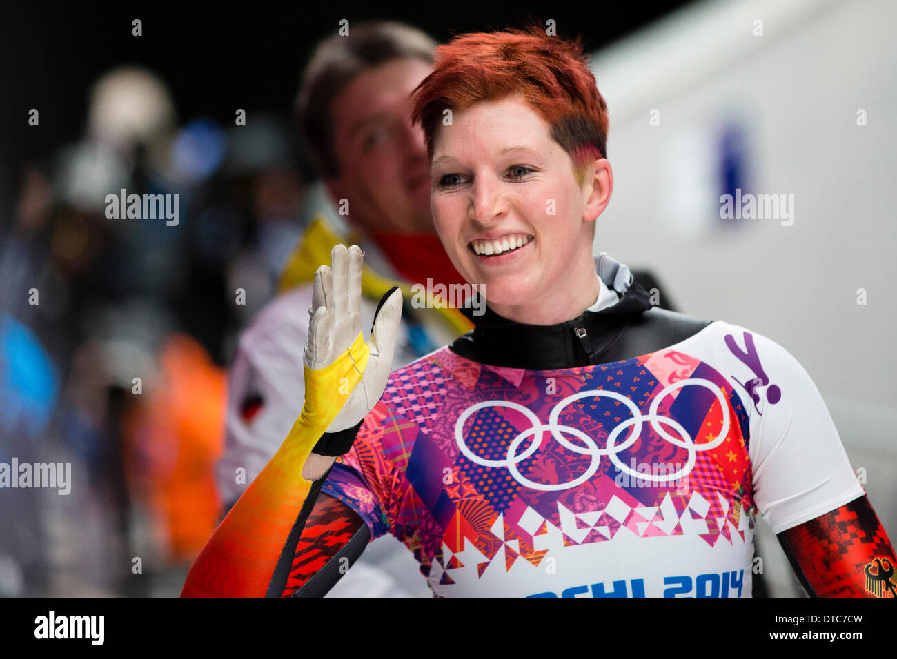 Sochi, Krasnodar Krai, Russia. 14th Feb, 2014. Anja HUBER (GER) reacts ...