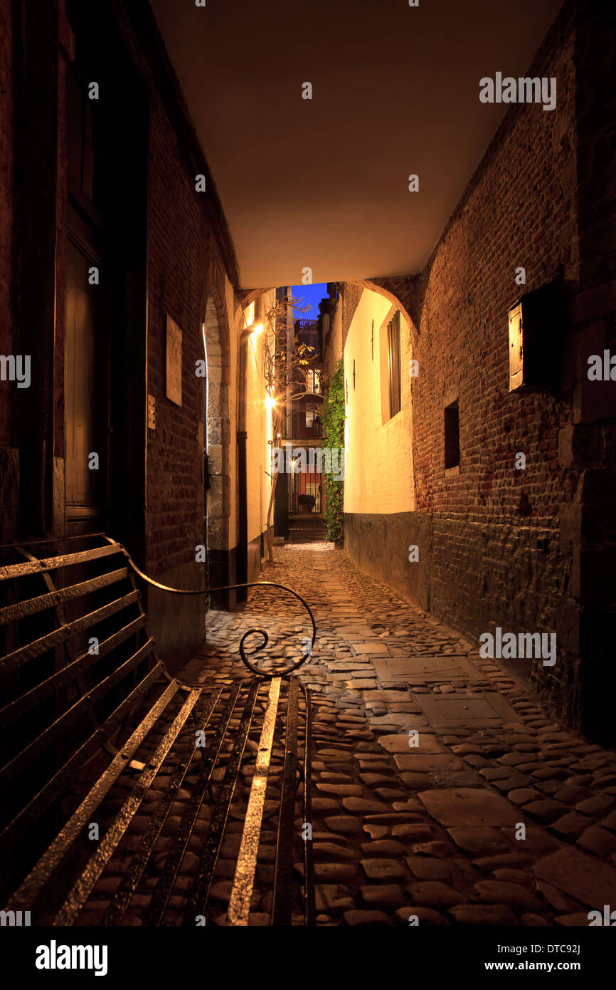 The medieval alley named "Vlaeykensgang" (1591) in Antwerp, Belgium ...
