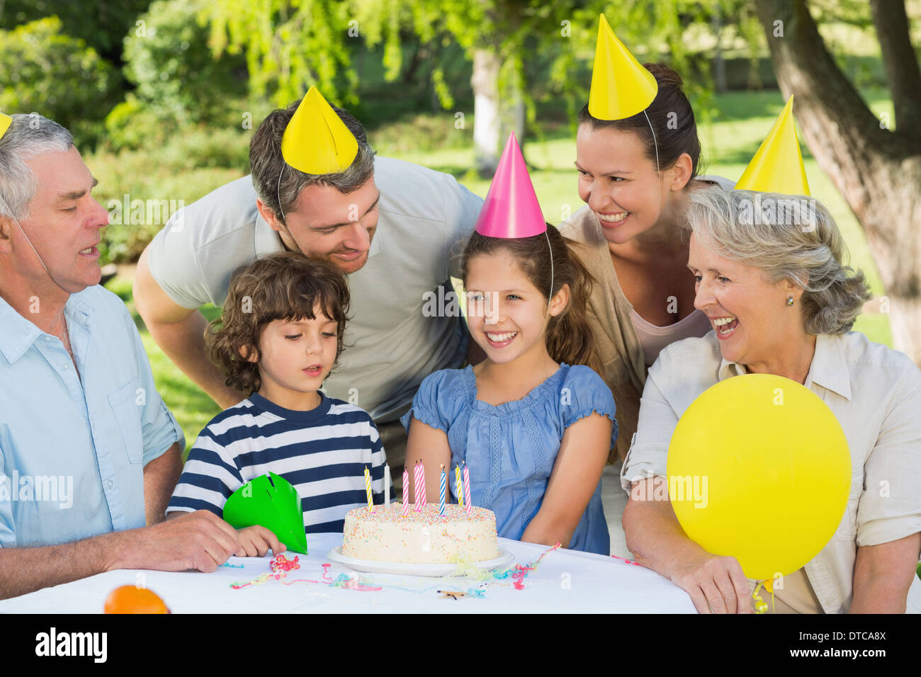 Extended family wearing party hats at birthday celebration in park ...
