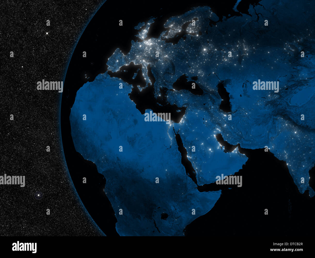 Night in Europe, Middle East and Africa region with city lights viewed ...