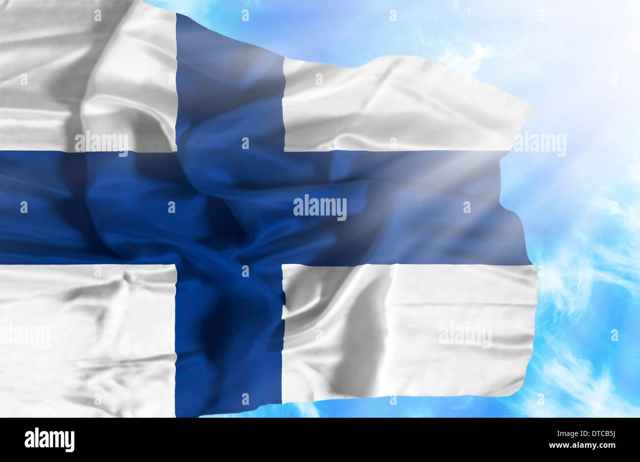 Finland waving flag against blue sky with sunrays Stock Photo - Alamy