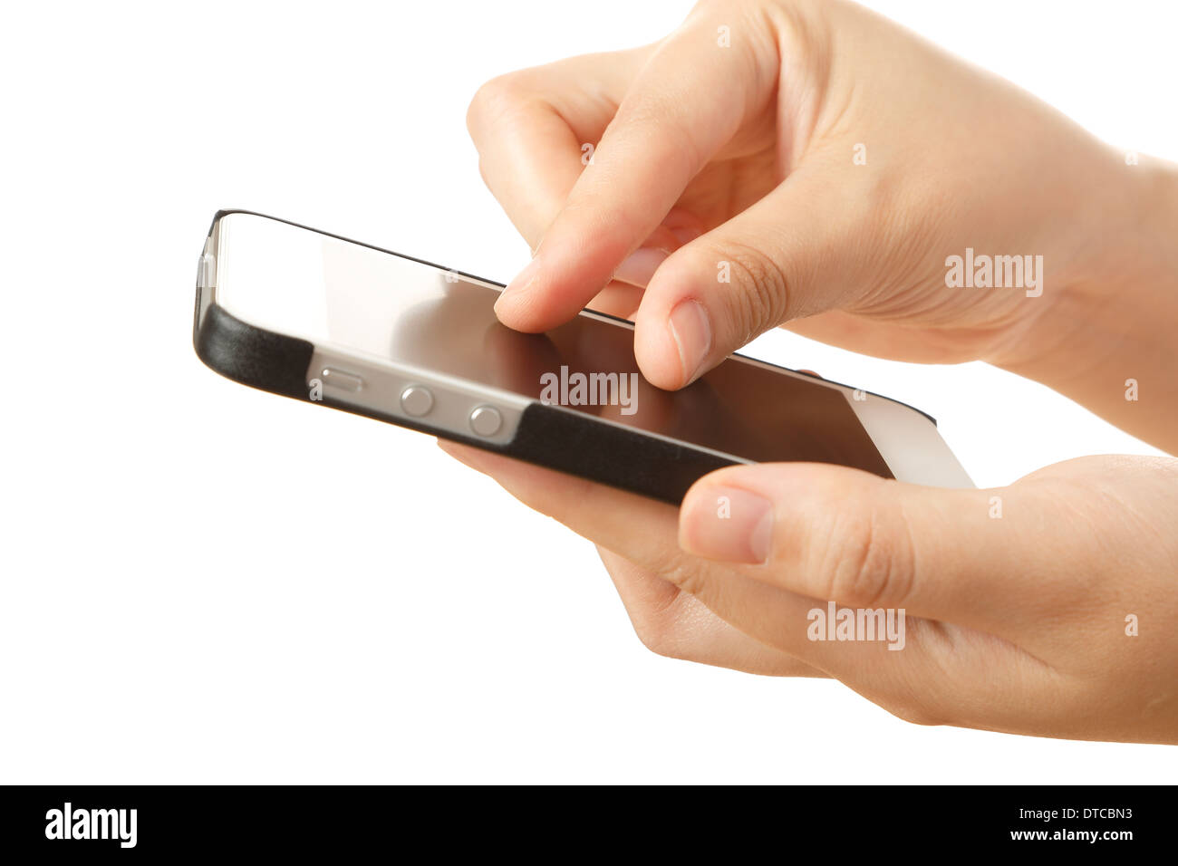 Female hand with a smartphone on white background Stock Photo - Alamy