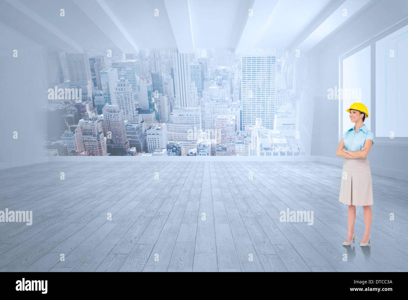 Composite image of smiling attractive architect pointing on white ...