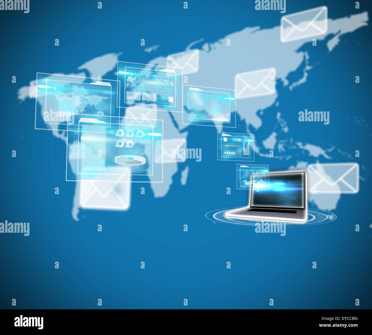 Composite image of business interfaces and laptop Stock Photo - Alamy