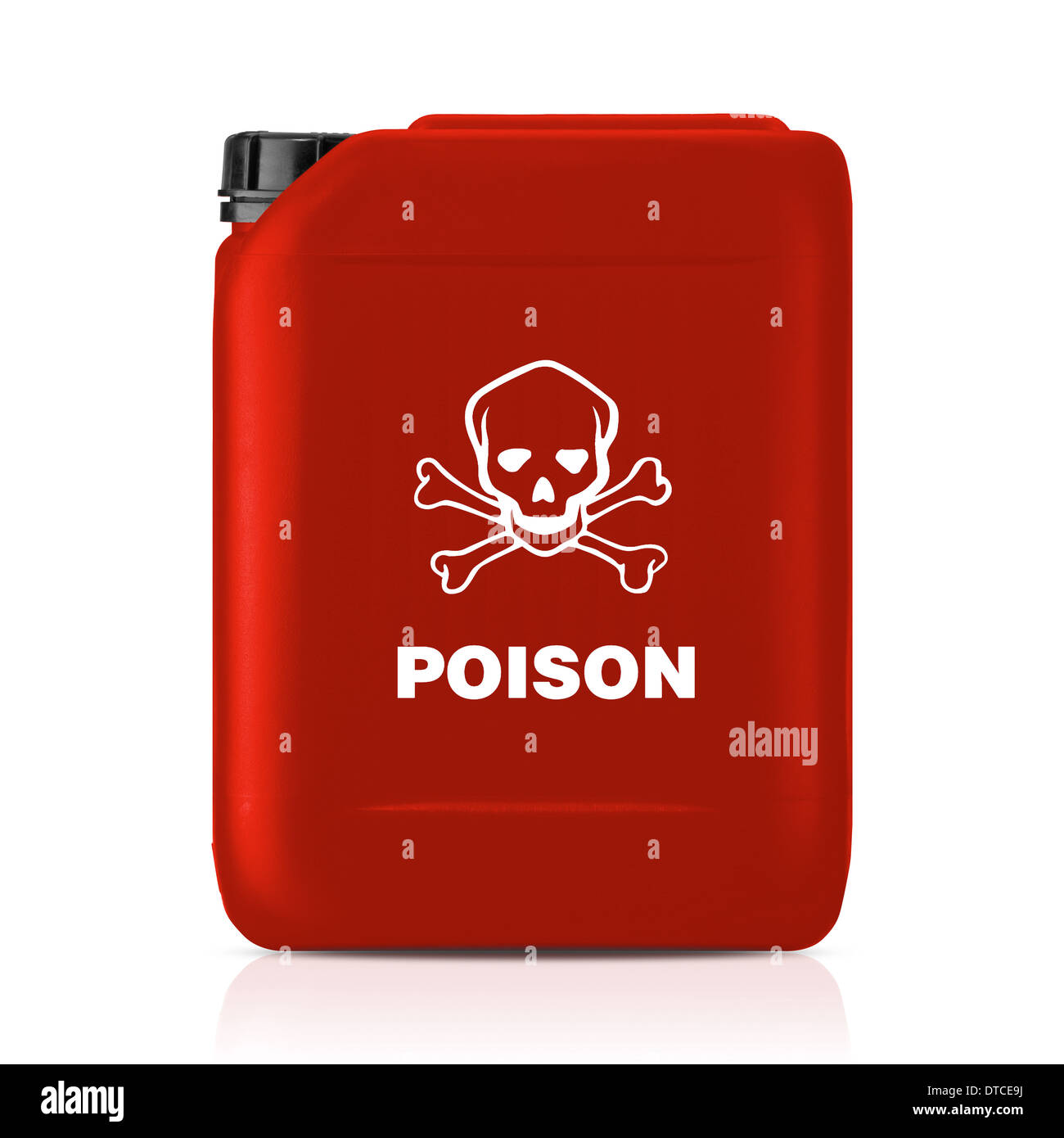 Red plastic gallon, jerry can with poison sign isolated on a white ...