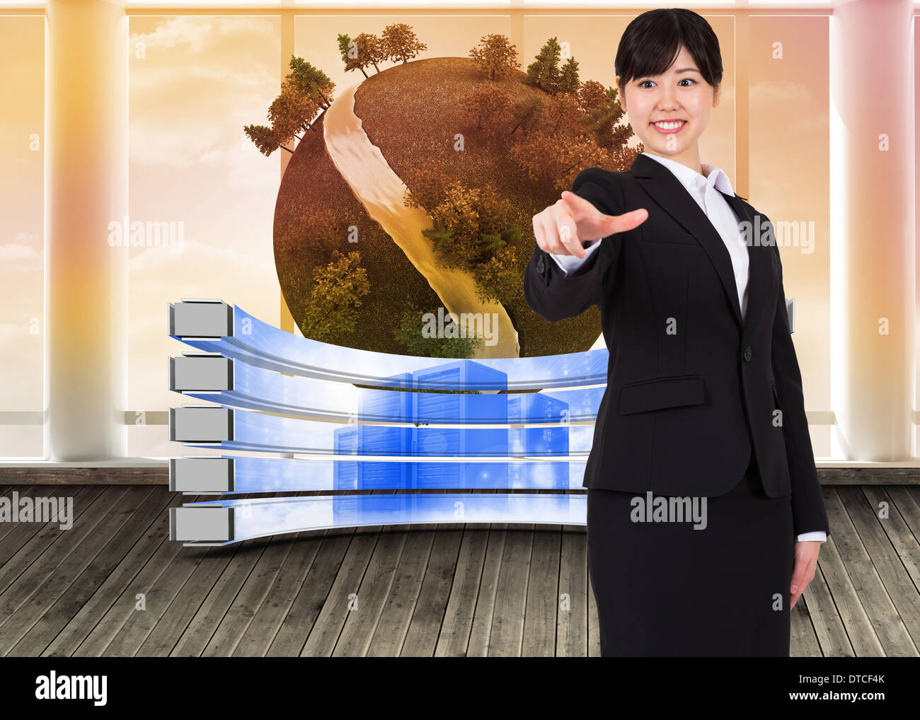 Smiling woman pointing center hi-res stock photography and images - Alamy