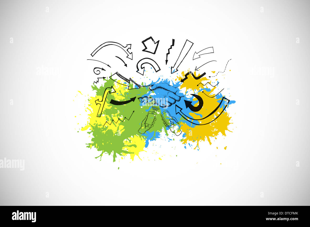 Composite image of handshake and arrows on paint splashes Stock Photo ...