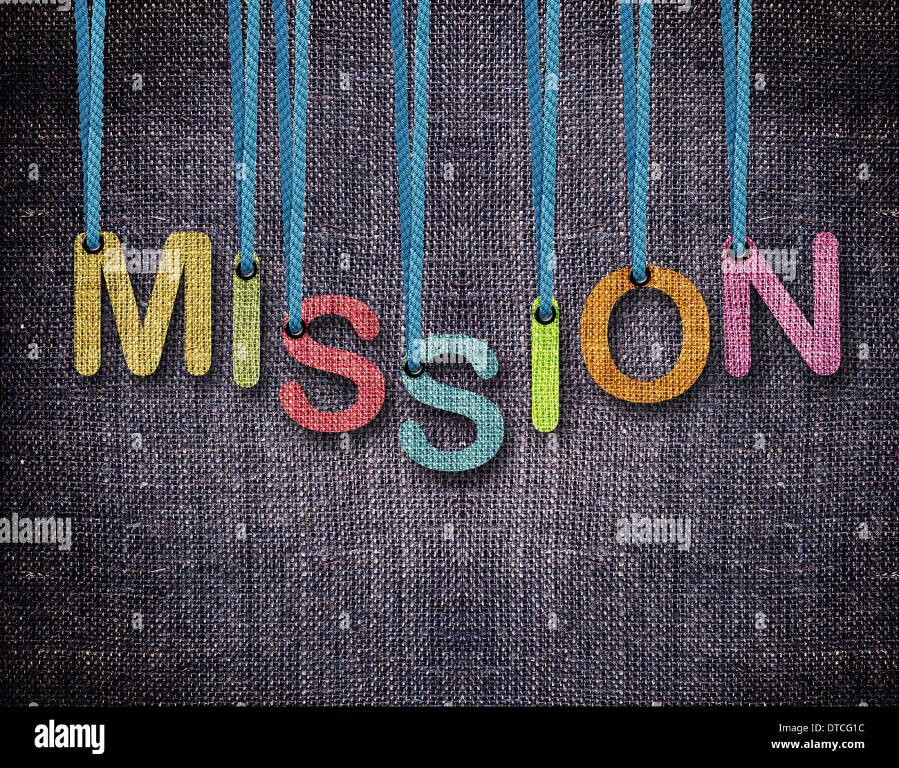 mission Letters hanging strings with blue sackcloth background Stock ...