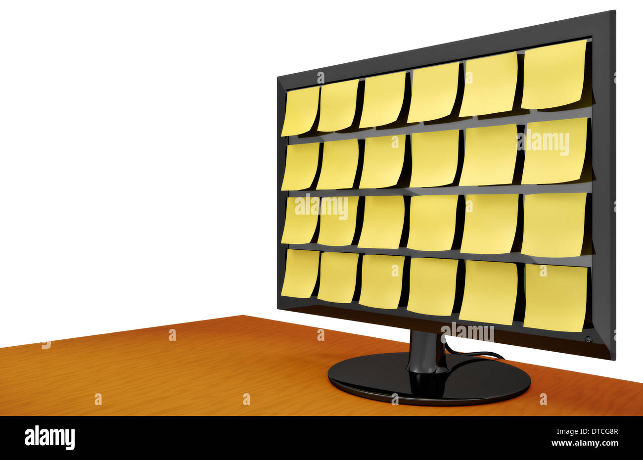 Modern sleek computer monitor covered with notes on a wooden desk Stock ...