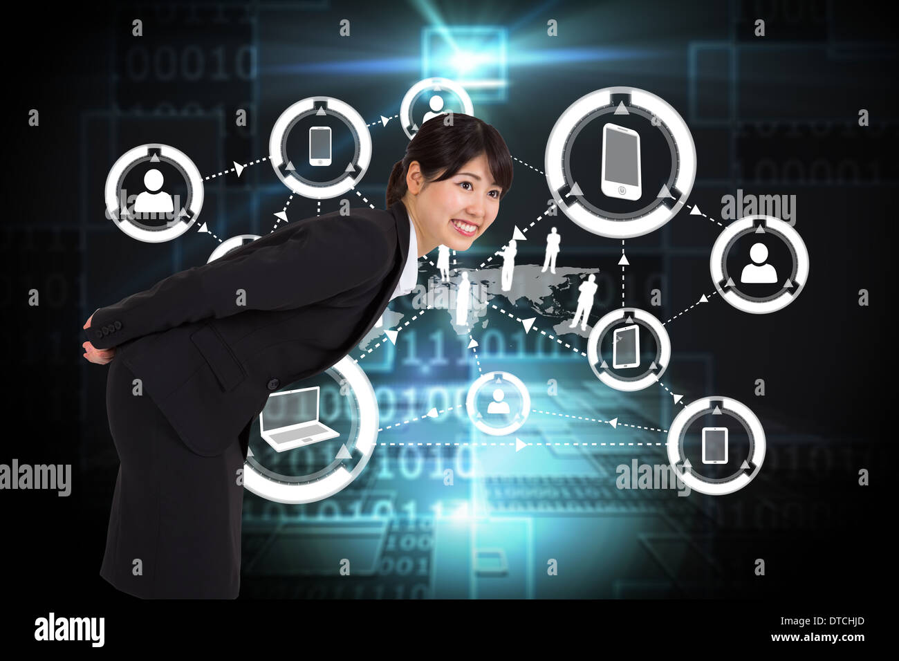 Composite image of smiling businesswoman bending Stock Photo - Alamy