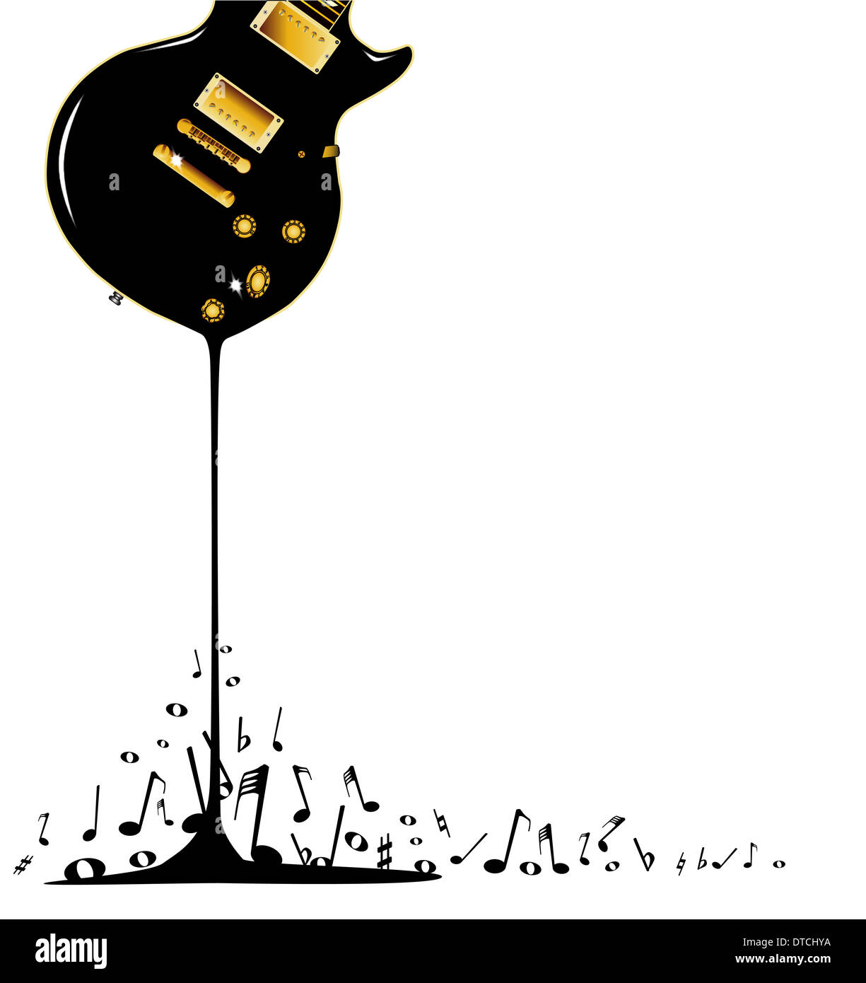A rock guitar melting down with musical notes splashing around at the ...