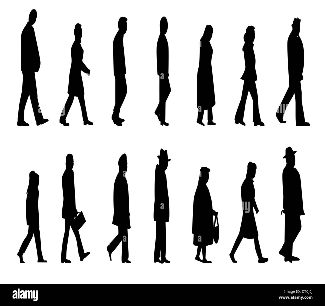 Abstract of various types of folk walking, isolated over a white ...