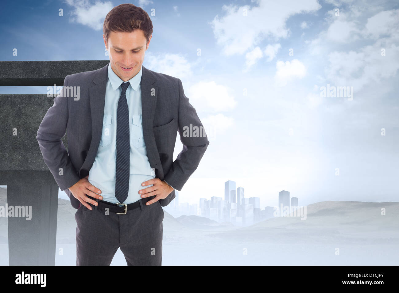 Cheerful businessman with hands on hips against door opening to show ...