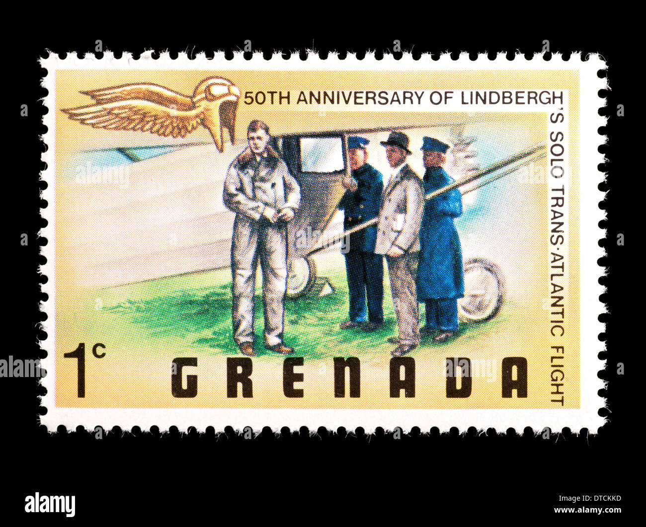 Postage stamp from Grenada depicting Charles Lindbergh and his airplane ...