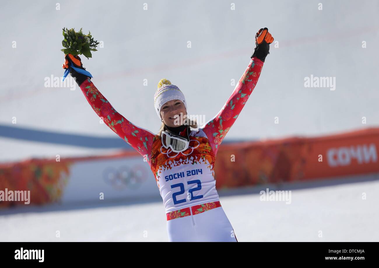 Maria Hoefl-Riesch celebrates during flower ceremony after the Women's ...