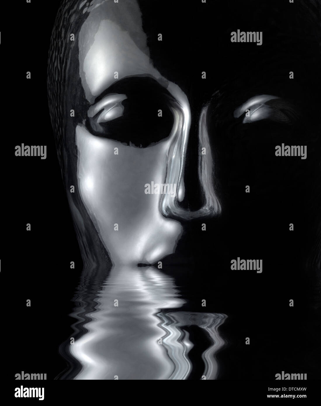 sinking translucent reflective human head made of glass on reflective ...