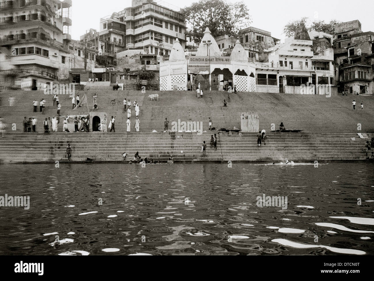 River Ganges Scindia Ghat in Varanasi Benares in Uttar Pradesh in India ...