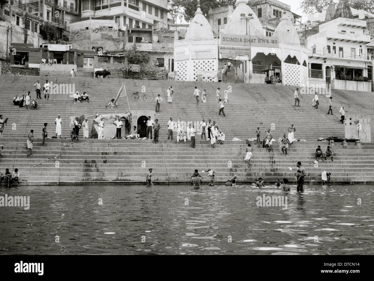 River Ganges Scindia Ghat in Varanasi Benares in Uttar Pradesh in India ...