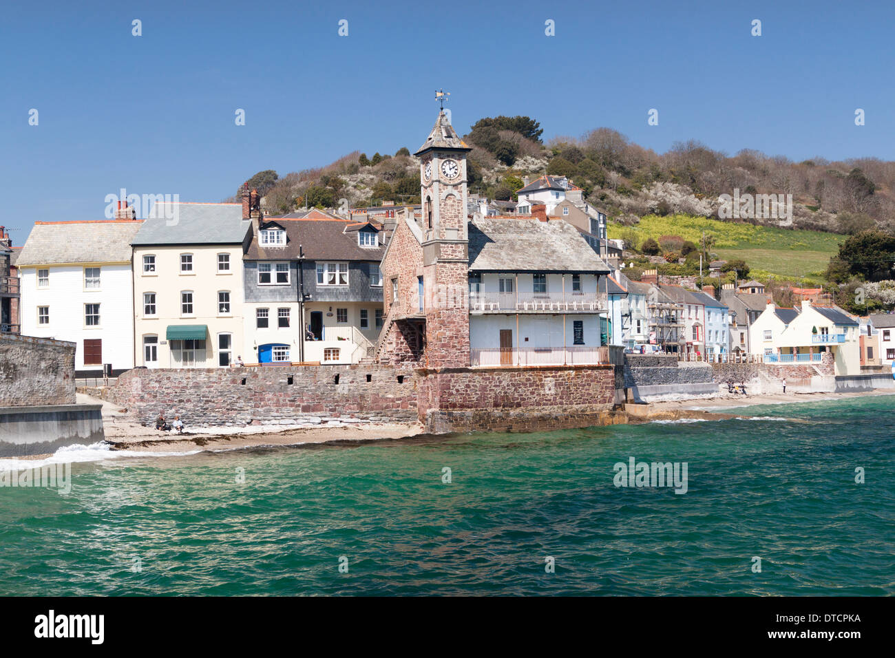 Cawsand Harbour Town and Clock Tower on a sunny summers day in Cornwall ...