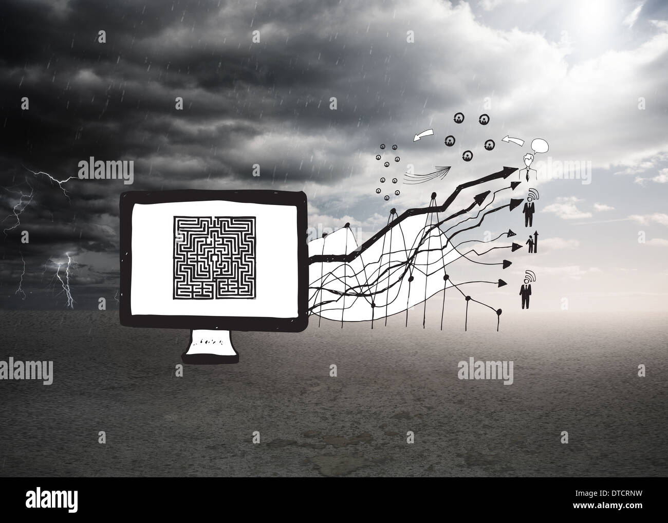 Composite image of maze on computer screen with arrows doodle Stock ...