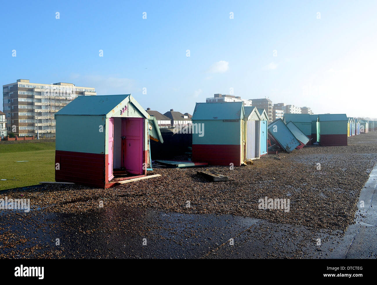 Brighton Hove seafront prom promenade winter storm pebbles railings ...