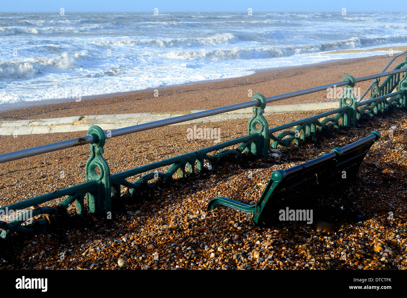 Brighton Hove seafront prom promenade winter storm pebbles railings ...