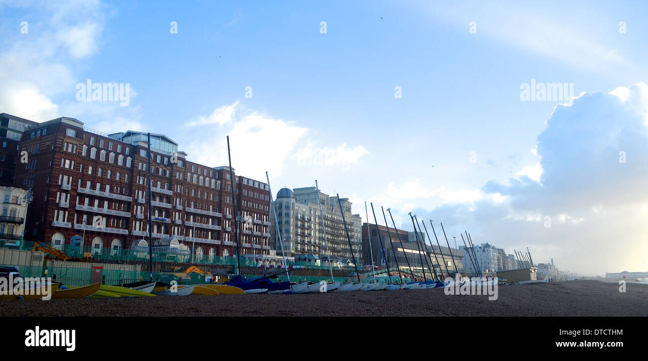 Brighton Hove seafront prom promenade winter storm pebbles railings ...