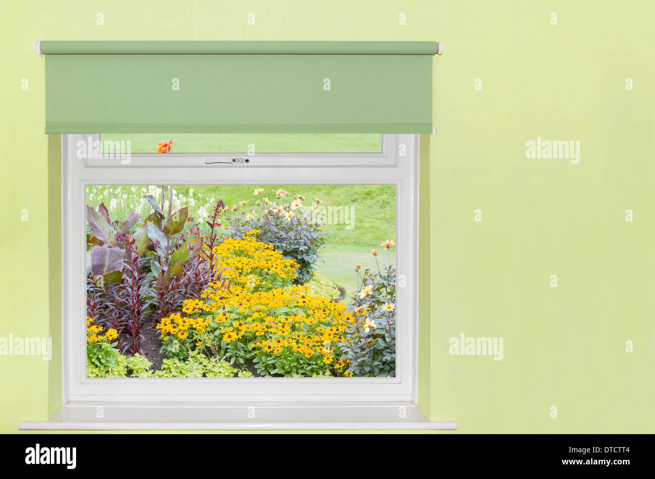 View of flower garden from window Stock Photo - Alamy