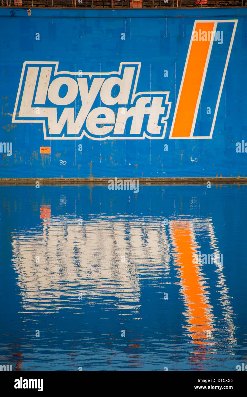 Bremerhaven, Germany, the logo of the Lloyd -Werft reflected in water ...