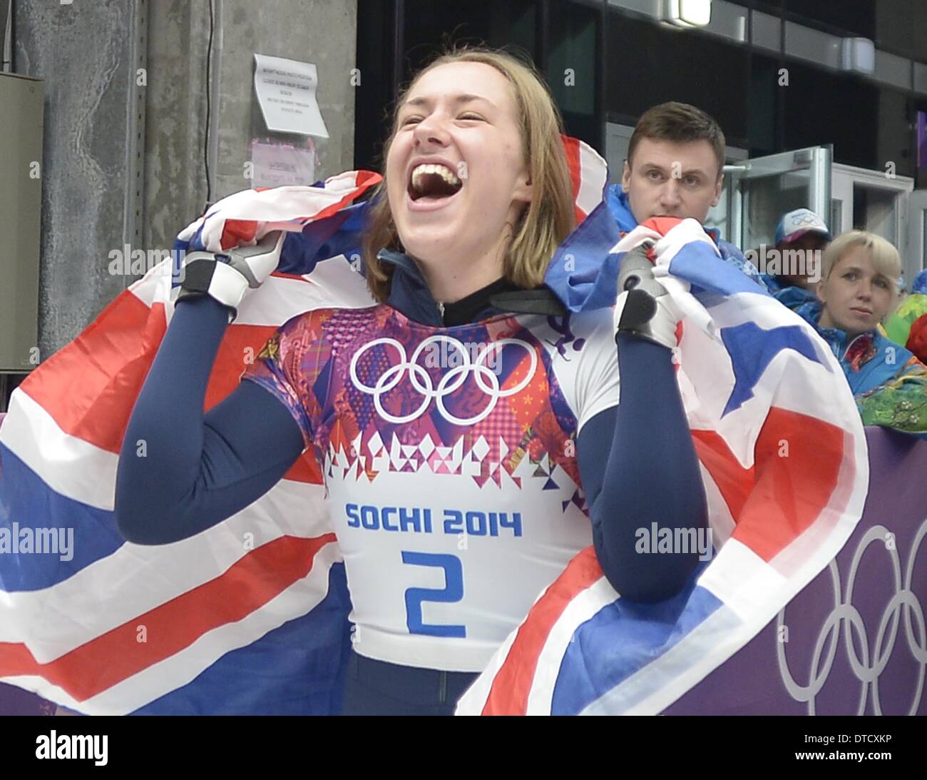 Sochi, Russia. 14th Feb, 2014. Lizzy Yarnold (GBR) celebrates winning ...