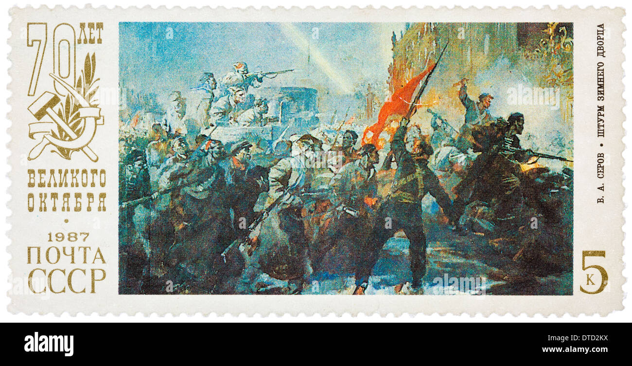 stamp printed in Soviet Union shows the "Assault of winter palace", by ...