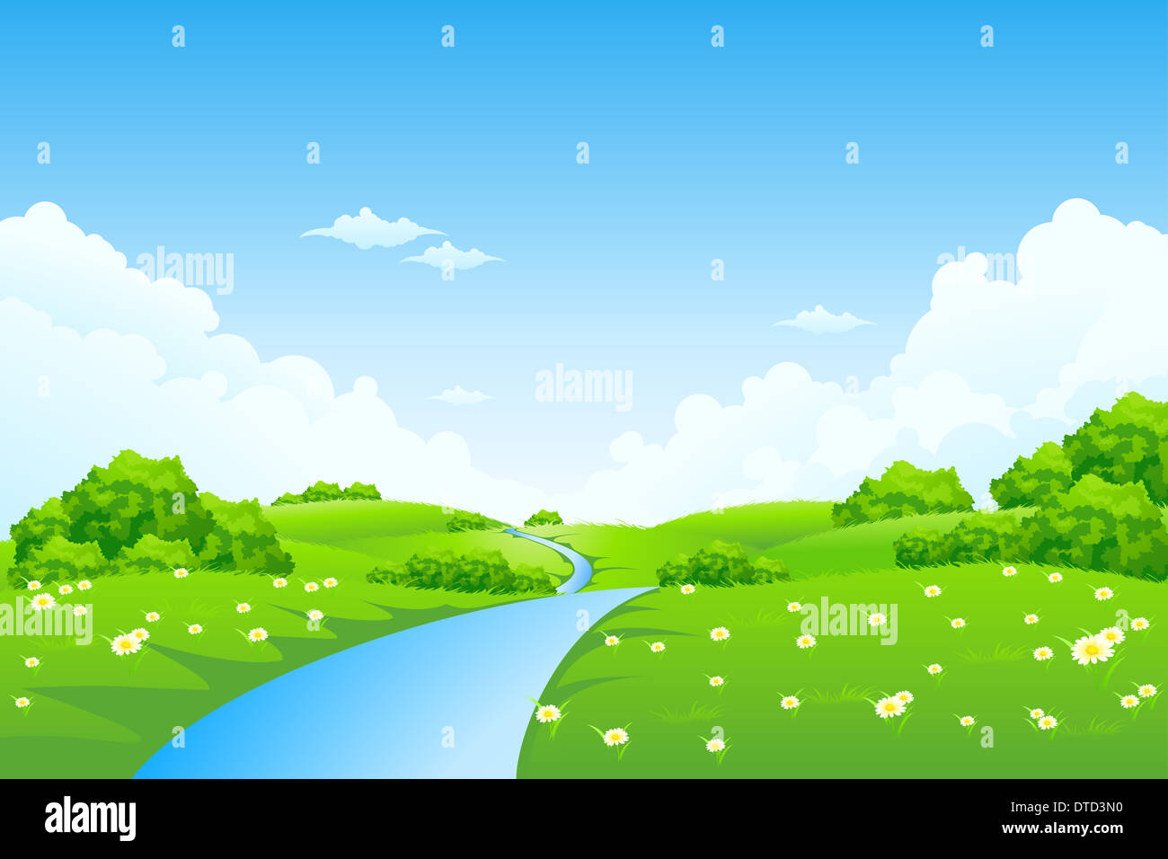 Green Landscape with Trees, Clouds, Flowers and River Stock Photo - Alamy