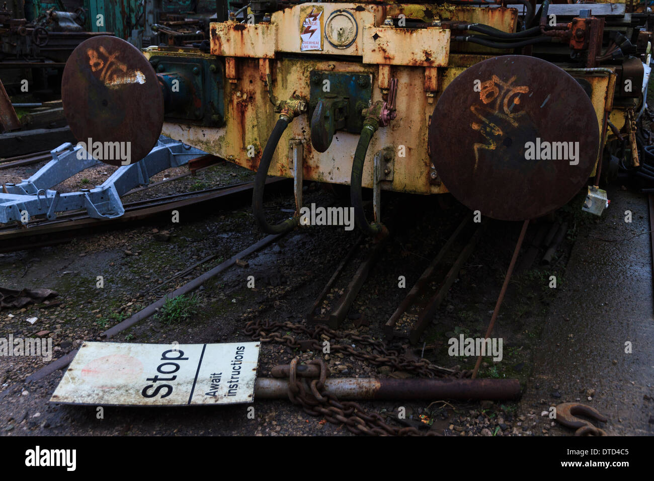 Fallen stop sign in front of buffer at Oswestry Railway Station in ...
