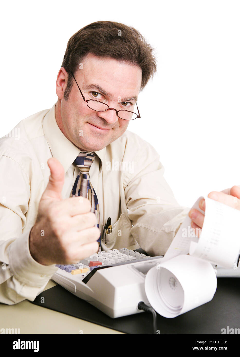 Tax accountant with his calculator, giving a thumbs up sign and smiling ...