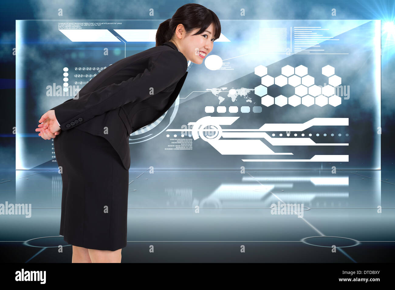 Composite image of smiling businesswoman bending Stock Photo - Alamy