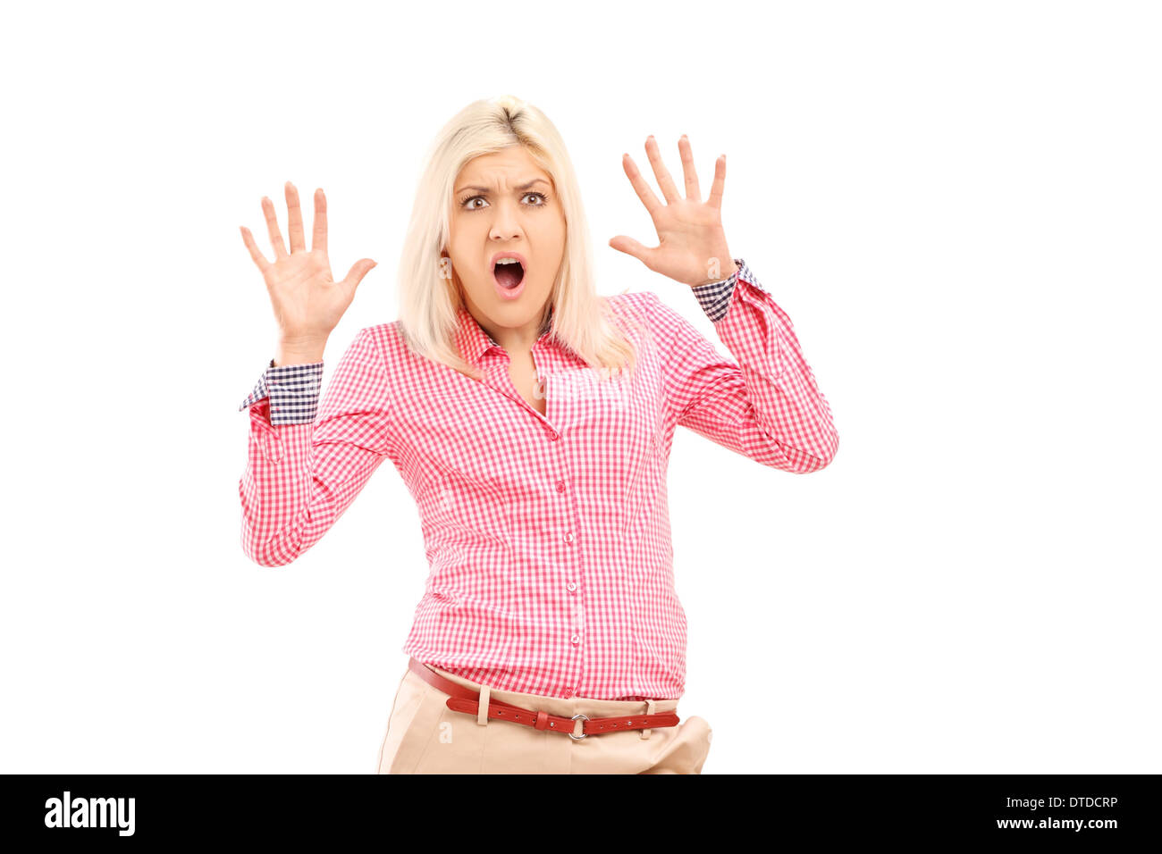 Scared woman isolated on white background Stock Photo - Alamy