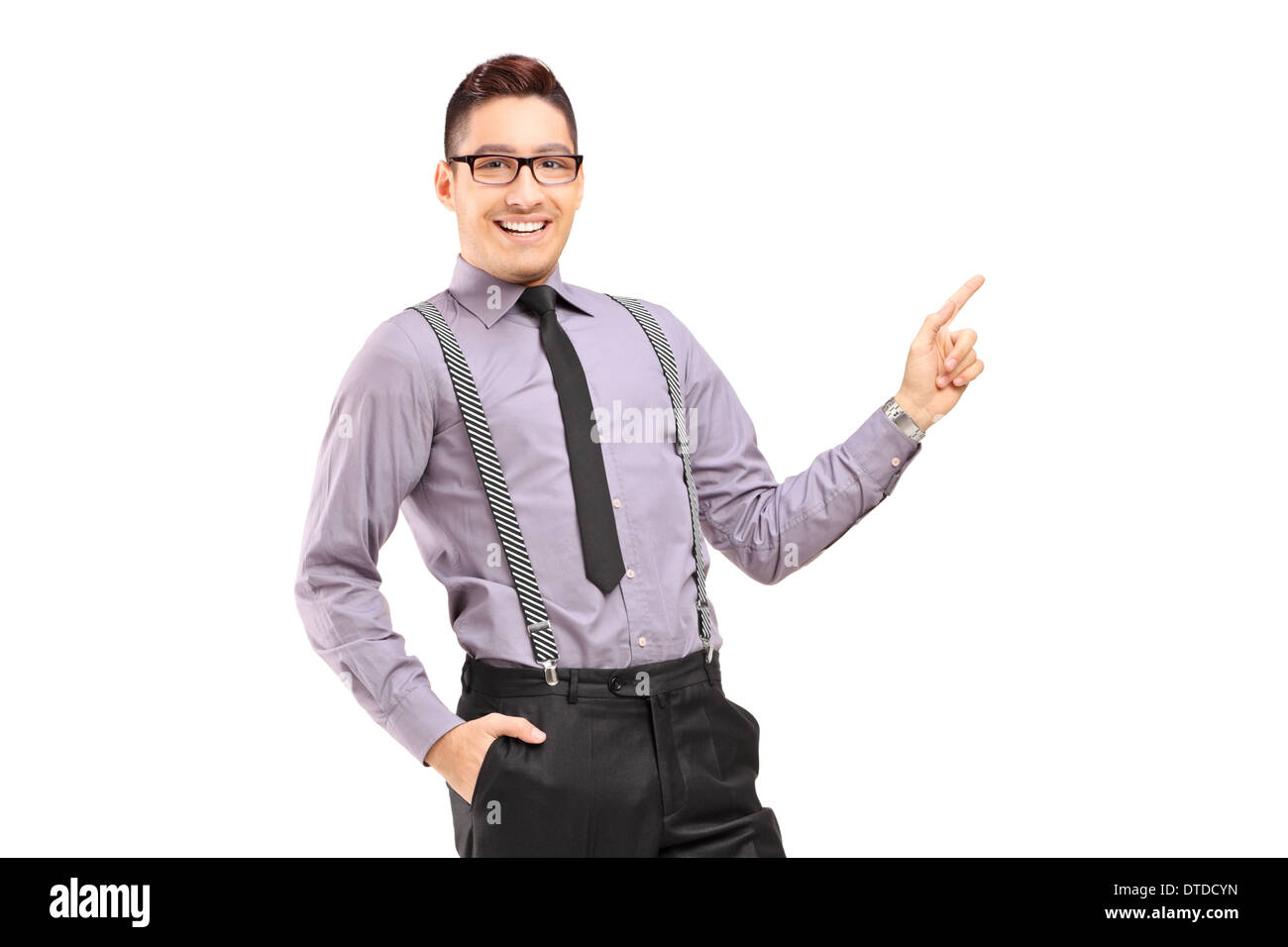 Stylish smiling male pointing with finger Stock Photo - Alamy