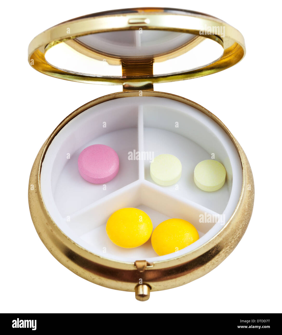 compact pill box with few tablets isolated on white background Stock ...