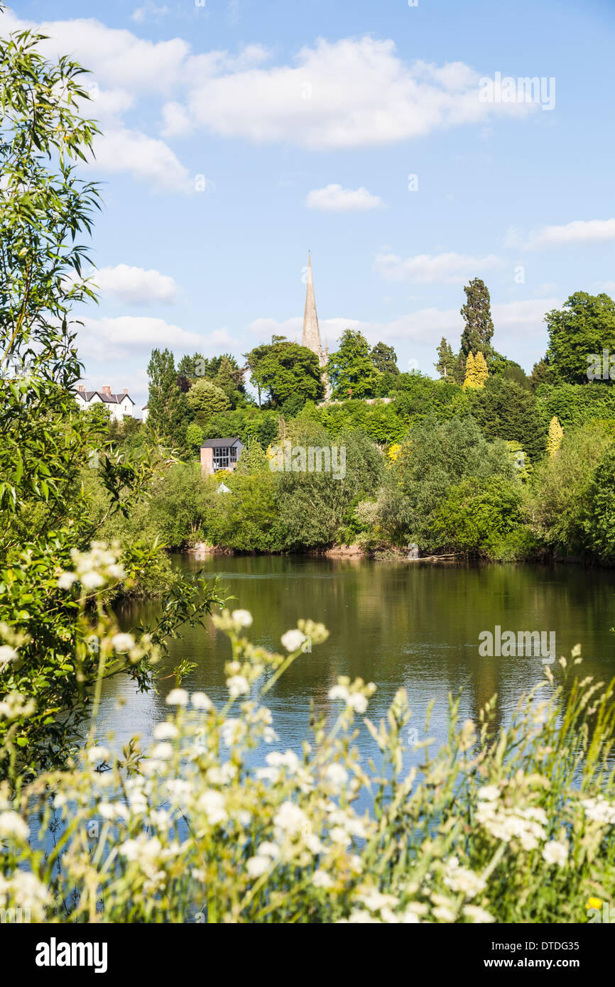 View of spire of St Mary's church and river Wye, Ross-on-Wye ...