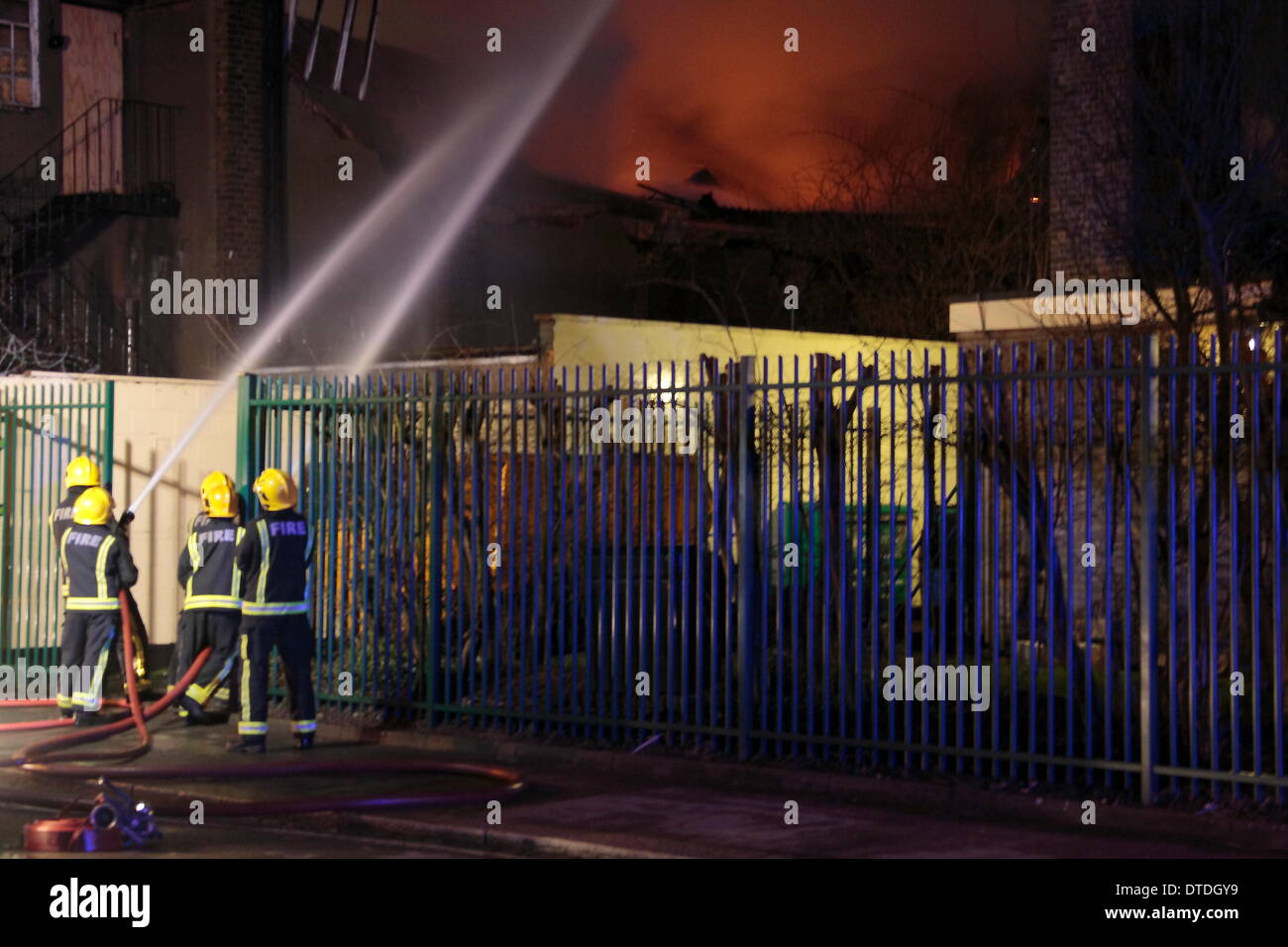 London, UK. 16th February 2014. 100 Firefighters tackle a warehouse ...